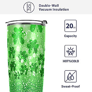 Green Glitter Sparkle Clovers Travel Mug Insulated Tumbler with Lid and Straw Abstract Lucky Irish Shamrock Stainless Steel Vacuum Double Walled Drinking Cup Keeps Drinks Cold&Hot Water Bottle for T