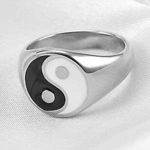 Jude Jewelers Stainless Steel Round Signet Shape Chinese Taiji Yin-Yang Feng Shui Cocktail Party Biker Ring (Silver, 8)