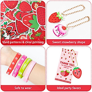 Haooryx 110PCS Strawberry Theme Party Favors Fruit Mochi Toys Berry Sweet Rubber Bracelet Acrylic Strawberry Scrapbook Stickers Keychains with Thank You Card for Girls Birthday Summer Party Goodie Bag