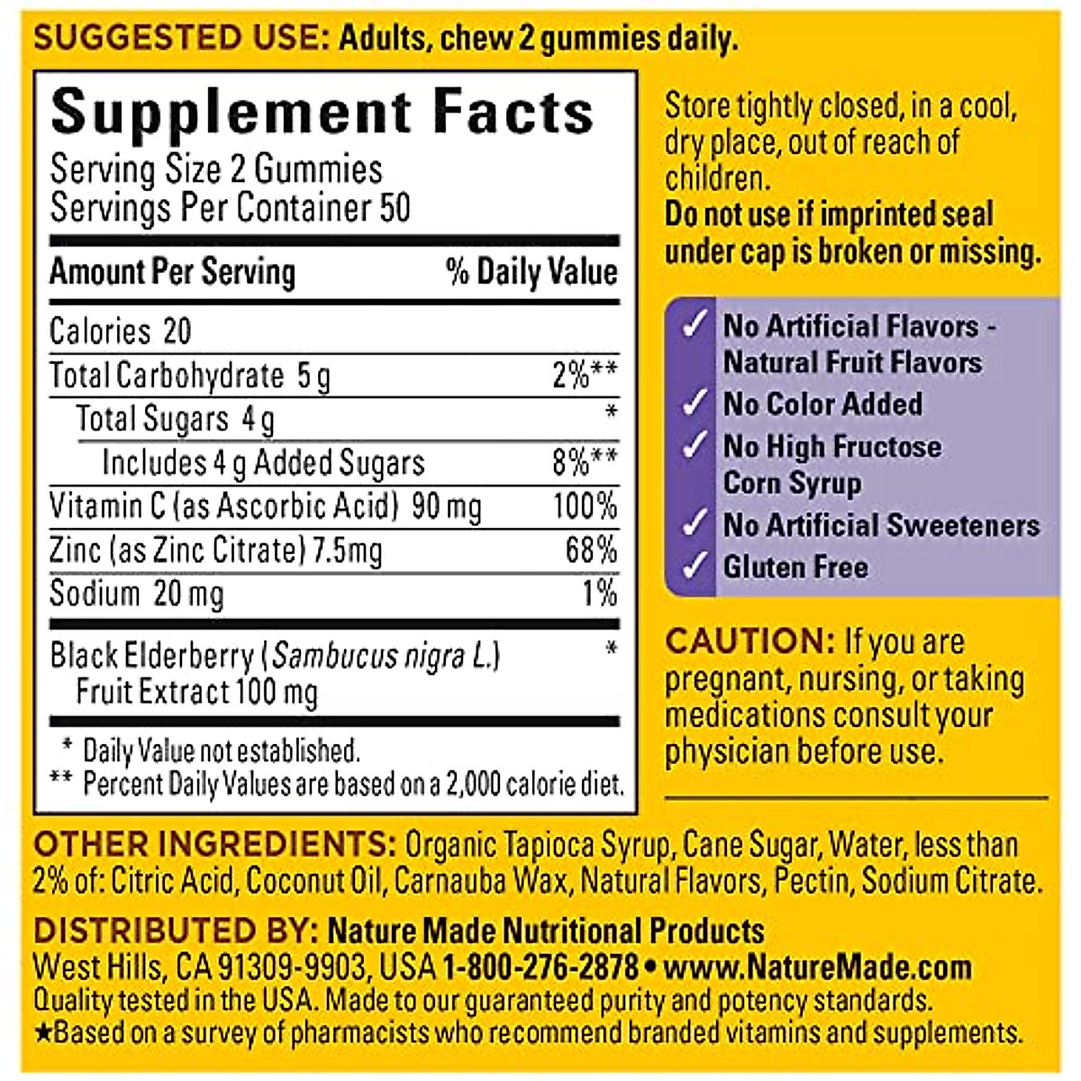 Nature Made Elderberry with Vitamin C and Zinc, Dietary Supplement for Immune Support, 100 Gummies, 50 Day Supply
