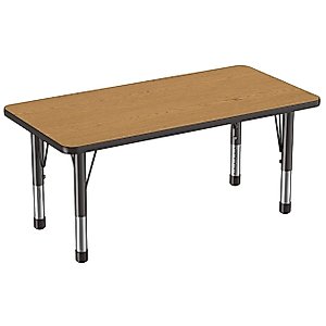 Factory Direct Partners FDP Rectangle Activity School and Kids Classroom Table (24 x 48 inch), Toddler Legs, Adjustable Height 15-24 inches - Oak Top and Black Edge