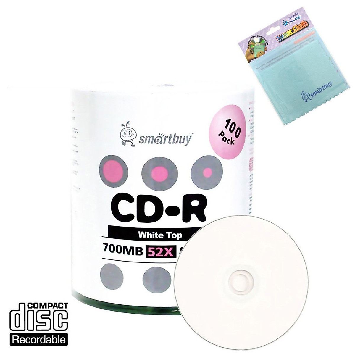 Smartbuy 100-disc 700mb/80min 52x CD-R White Top Blank Recordable Disc + Free Micro Fiber Cloth