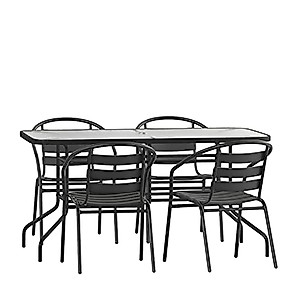 Flash Furniture Patio Dining Set, 55" Tempered Glass Table with Umbrella Hole, 4 Black Metal Aluminum Slat Stack Chairs