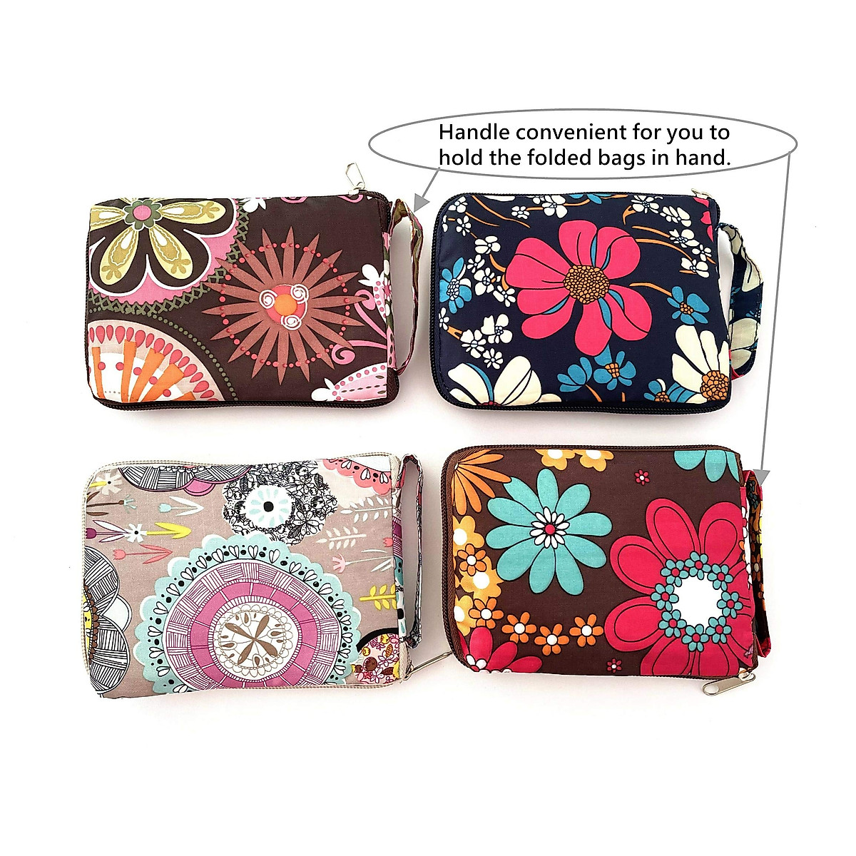 NC 4 Pack Foldable Kitchen Reusable Grocery Bags Floral Designs with Zipper Folding Shopping Tote Bags Lightweight Durable Large Bags 50LBS for Grocery