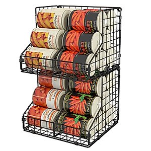 Stackable Can Organizer for Pantry with 2 Adjustable Dividers, Soda Can Organizer, Can Storage Dispenser Holds up to 28 Cans, 2 tier Metal Wire Baskets Can Holder for Kitchen Cabinet Pantry, Black