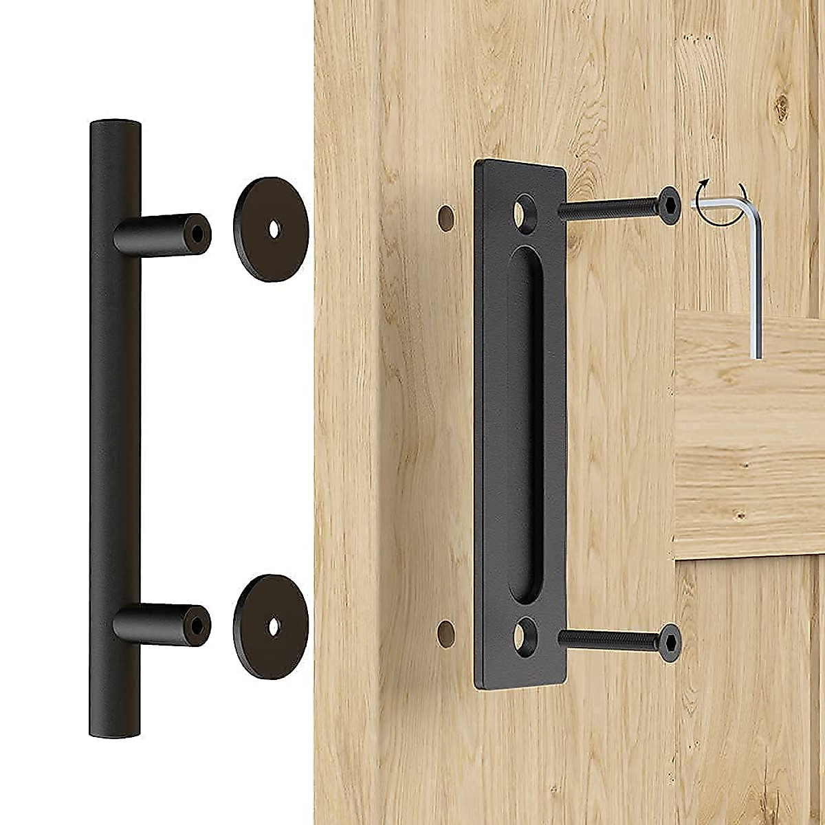 WINSOON 12" Sliding Barn Door Handles Black Hardware with Flush Finger Pull and Floor Guide Wall Mounted 8 Setup Options