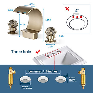 BANGPU Bathroom Sink Faucet 3 Hole Widespread Waterfall Bathroom Faucets with Crystals Handles Basin Mixer Tap 8-Inch High Arc Vanity Faucet with Supply Hose, Brushed Gold