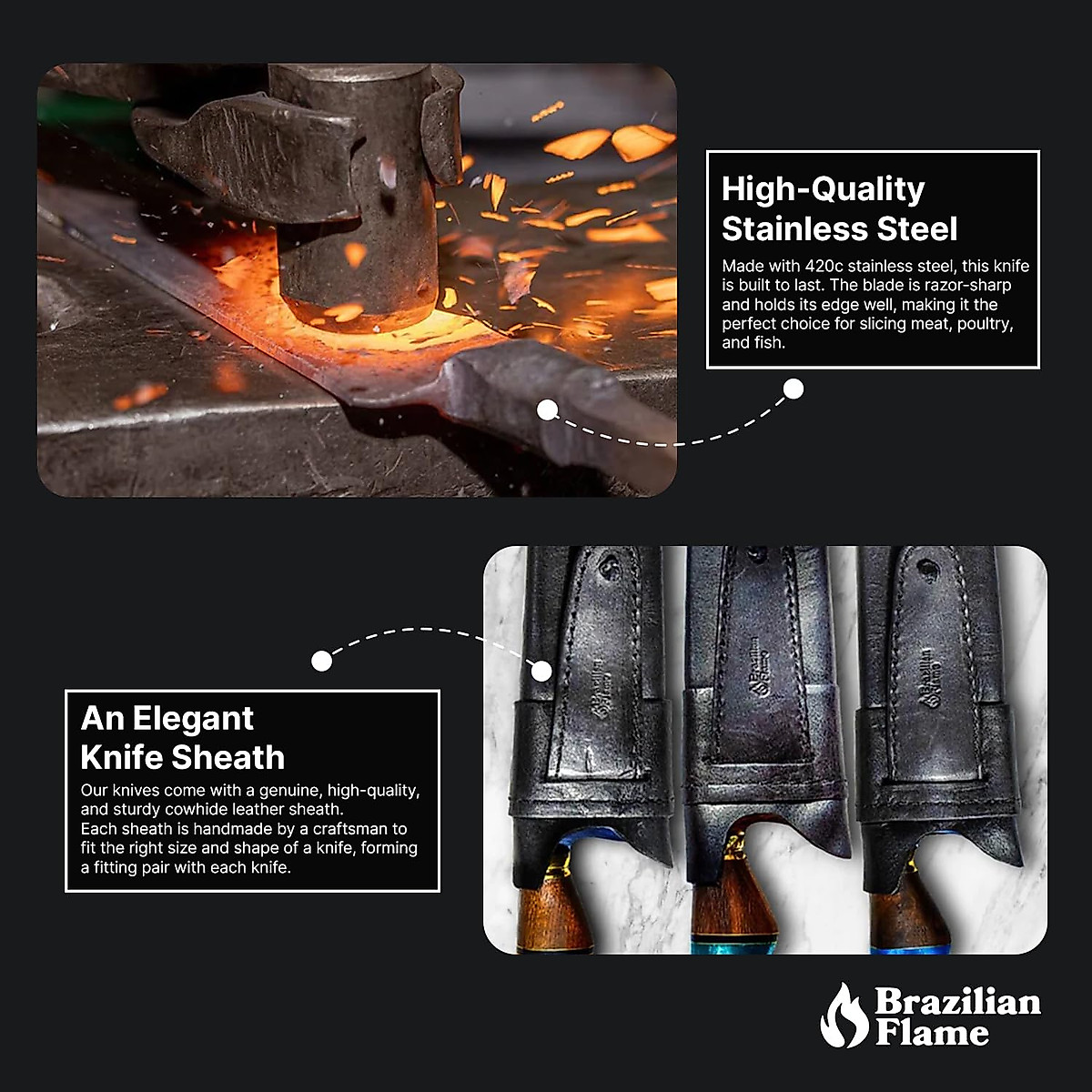 Brazilian Flame Chef Picanha 10-Inch Stainless Steel Knife with Resin and Wood Handle - Premium Professional Meat Carving Knife for BBQ, Grill, and Kitchen Use