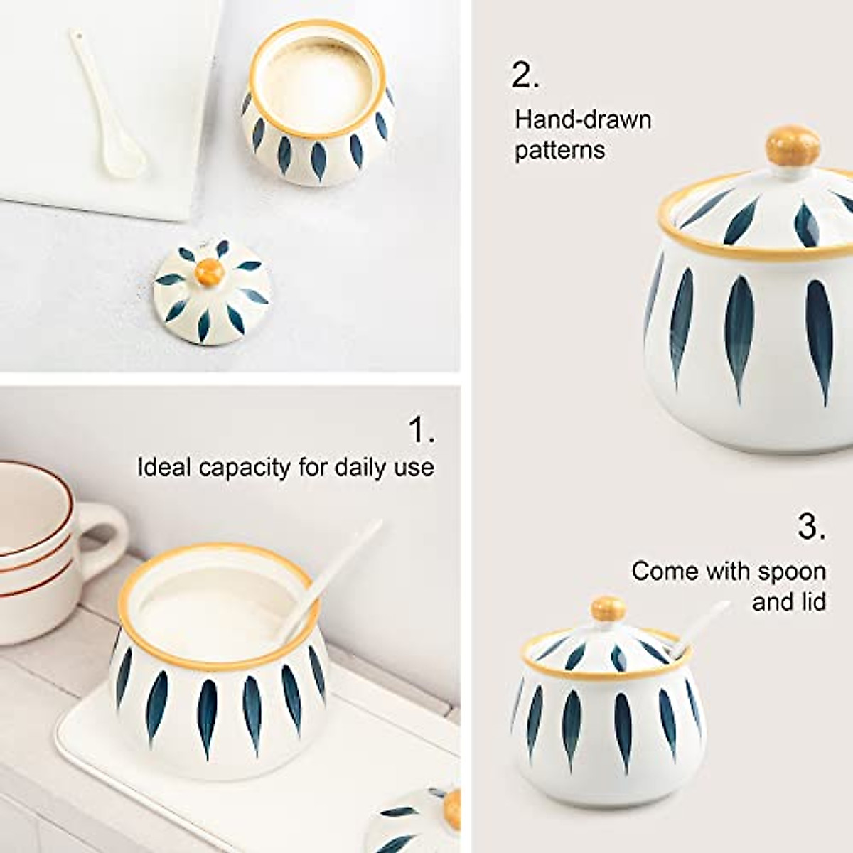 Idevalk Porcelain Sugar Bowl with Lid and Spoon, 12 Ounce Ceramic Sugar Container for Kitchen and Home, Farmhouse Sugar Jars for Coffee Bar