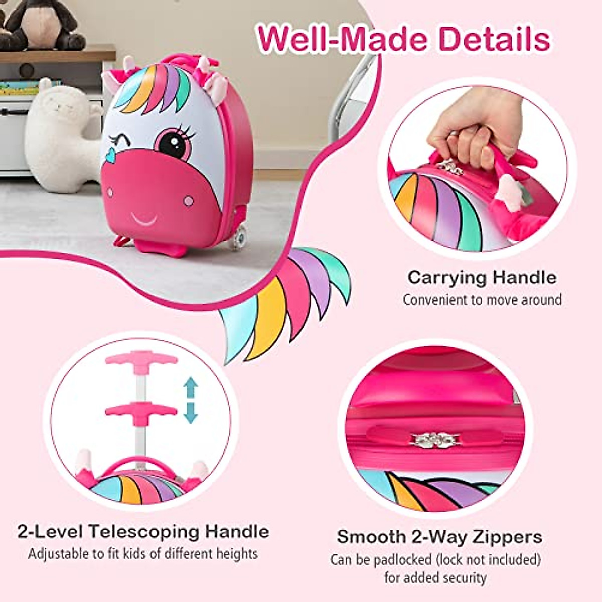 HONEY JOY Kids Luggage, 16” Children Rolling Suitcase w/Light-up Wheels & Telescopic Handle, Hard Shell Lightweight Travel Luggage for Toddlers, Carry On Luggage with Wheels for Boy Girl(Pink Unicorn)