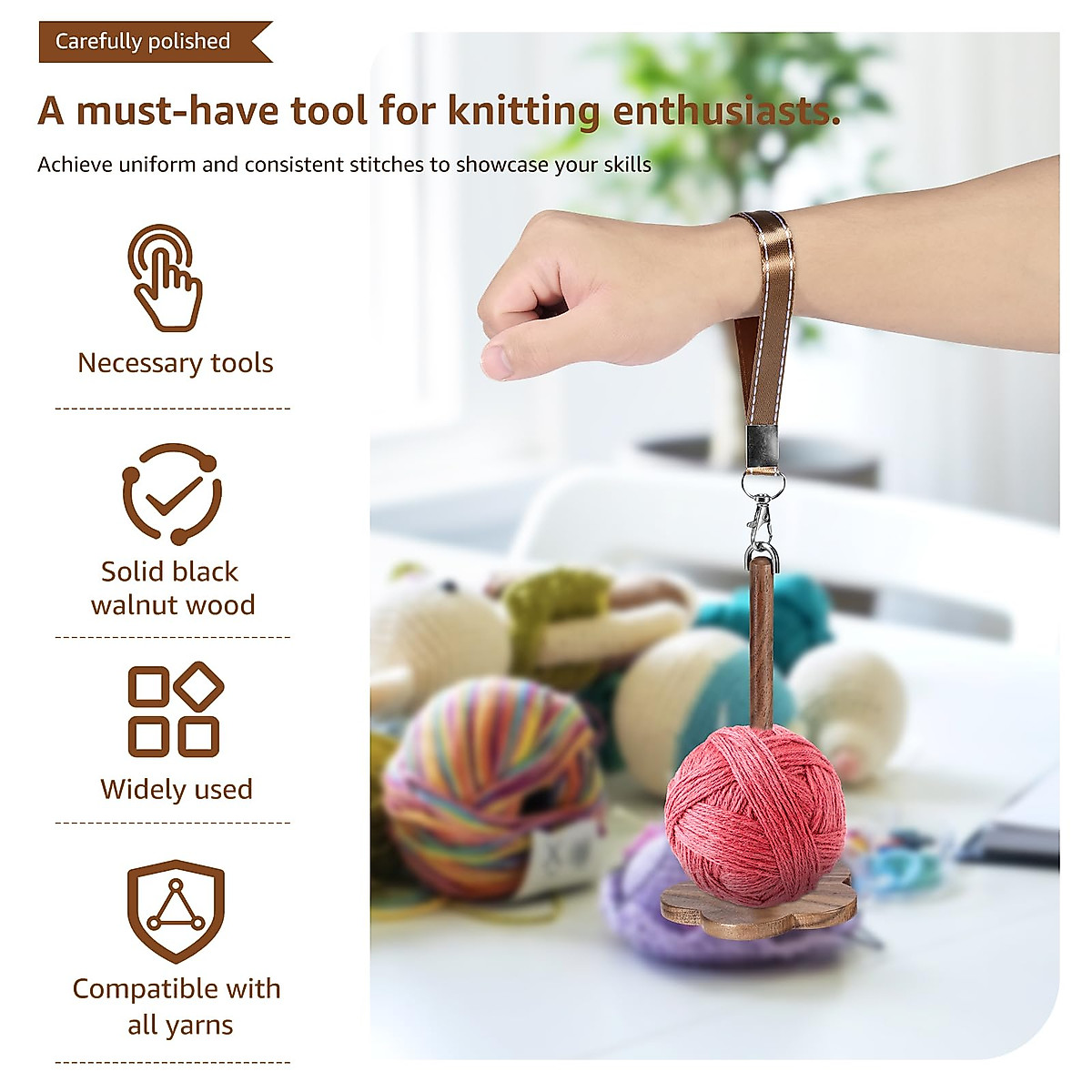 DJAPWPX Wrist Yarn Holder Portable Yarn Holder with Wrist and Crossbody Strap Wooden Yarn Spinner Lightweight Yarn Ball Holder Compact Yarn Minder for Crocheting Knitting Craft Lovers Beginners