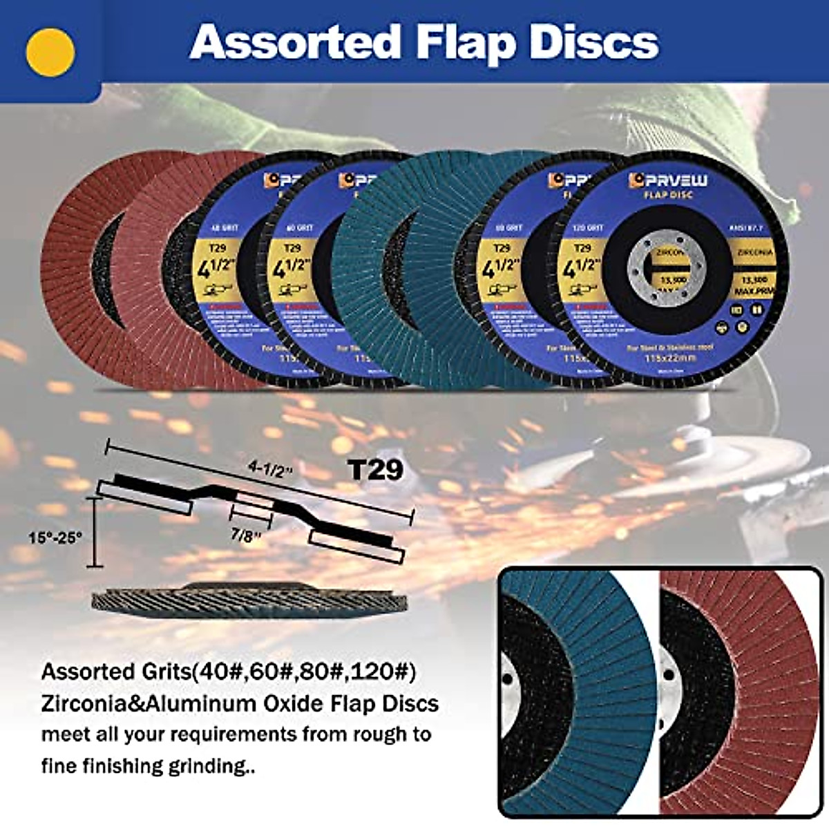 PRVEW 14PCS 4.5"x7/8“ Flap Disc&Grinding Polishing Cutting Wheel Set, 8PC T29 Zirconia&Alumina Flap Disc 40 60 80 120Grit with Grinding and Cutting Wheel, Wool Felt Disc, Strip Disc for Angle Grinder