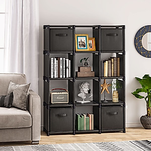 Tribesigns 12 Cubes Storage Organizer DIY Storage Shelves Stackable Open Bookshelf with 4 Cube Storage Bins with Handle Organizer 10.5" x 10.5" for Closet Rack Cabinet Bedroom Livingroom, Black