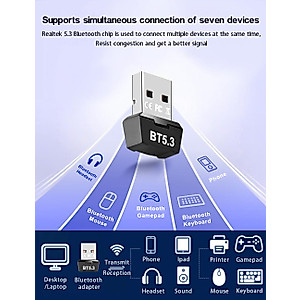 GAROGYI USB Bluetooth 5.3 Adapter for PC, Supports Windows 11/10/8.1/7,5.3+EDR Bluetooth Wireless Transmitter Receiver for Desktop, Laptop, Mouse, Keyboard, Printers, Headsets (Black)