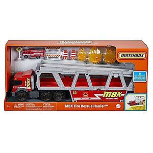 Matchbox Toy Cars, Fire Rescue Hauler Playset with 1:64 Scale Fire Truck & 8 Accessories, Storage for 16 Vehicles