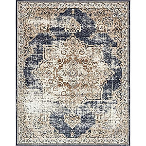Unique Loom Chateau Collection Vintage, Distressed, Medallion, Rustic, Traditional Area Rug, 8' 0" x 10' 0", Beige/Navy Blue