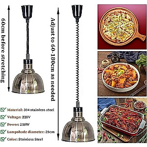 LINKANRUO Commercial Food Heat Lamp, 60-180cm Telescopic Food Warmer, Hanging Food Heating Lamp for Buffet and Hotel Kitchen, Restaurant Kitchen Equipmen Lamps(Silver)