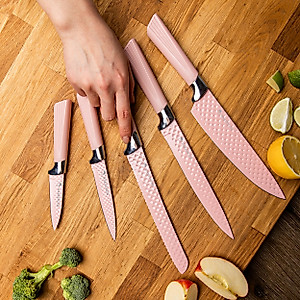Bakedger 7 pieces knives set, ultra sharp, attractive design, chef knife, slicing knife, bread knife,utility knife paring and shears, scissors, peeler, stylish design, Pink
