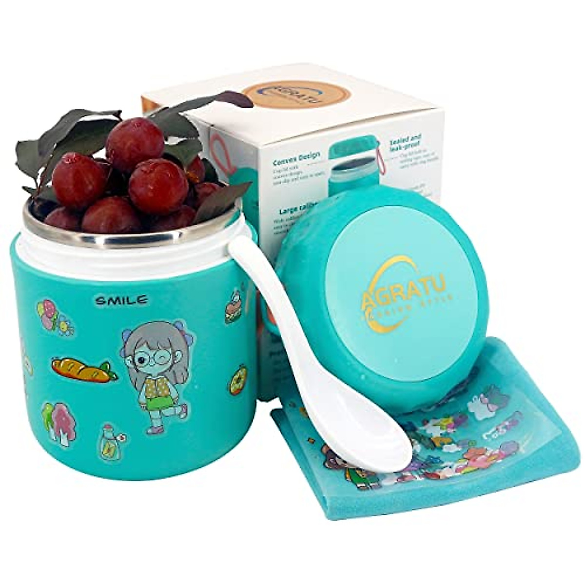 AGRATU Thermos for Hot Food Kids Lunch Box with Spoon Food Containers Kids Leak Proof Insulated Lunch Box Container for Kids Insulated Lunch Container for Hot Food (430ml Green)