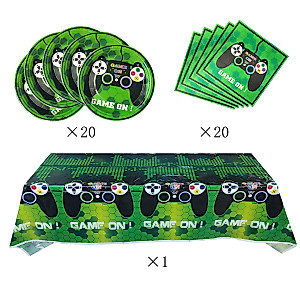 Video Games Party Tableware Supplies Set Including 20 pcs Plates, Table Cover and 20 pcs Napkins, Video Games Theme Party Baby Shower Birthday Decorations