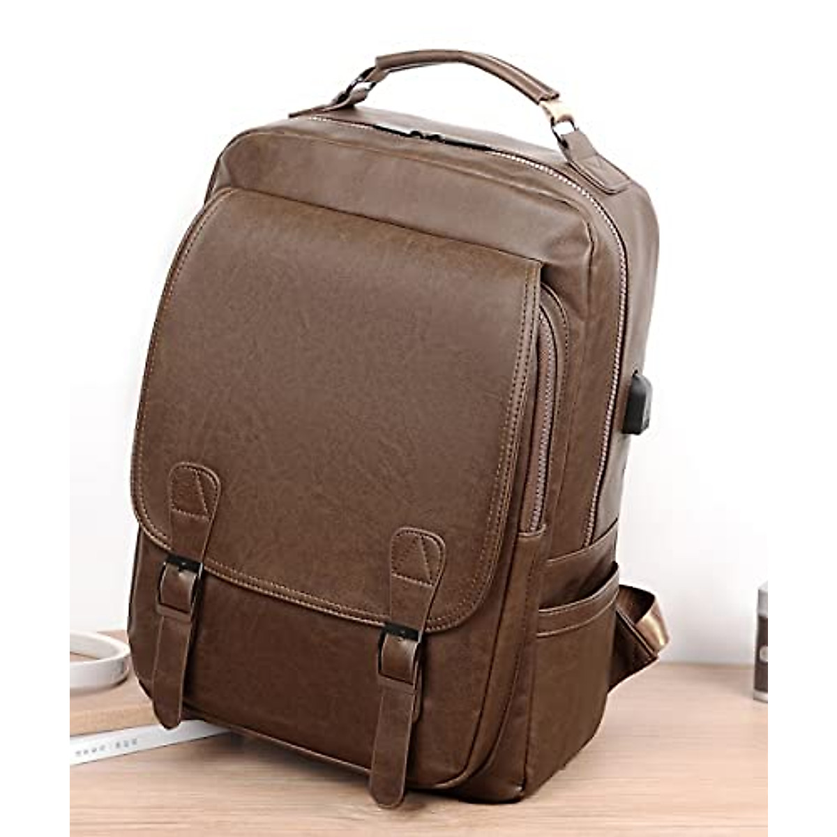 AKAKA Men Brown Outdoor Backpack Imitation Leather Weekend Bag Leisure Bag Carrying Backpack Old Fashion Traveling Laptap Backpack with USB Port.