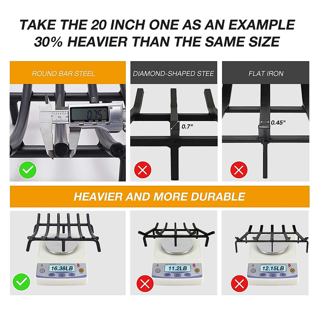 Fireplace Grate 17 Inch Solid Round Steel 3/4" Bar Heavy Duty Firewood Stove Log Holder Rack Grates Wrought Cast Iron Indoor Outdoor Camping Chimney Hearth Wood Burning Fireplace Accessories Tools