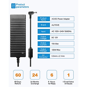 ALITOVE AC 100-240V to DC 12V 10A Power Supply Adapter Converter Transformer 12 Volt 10 Amp 120W with 5.5mm x 2.5mm 2.1mm DC Output Jack for 5050 3528 LED Strip Light CCTV Cameras 3D Printer