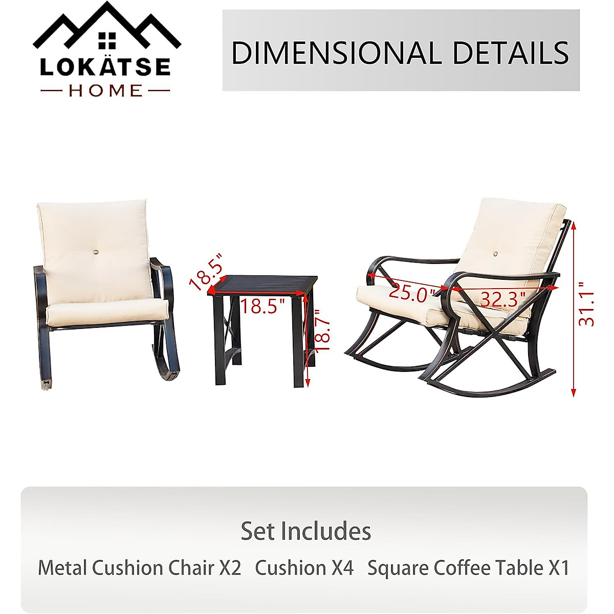 LOKATSE HOME 3 Piece Patio Outdoor Rocking Chairs Set Bistro Furniture and Square Coffee Table Metal Steel Frame with Thick Cushions, Khaki