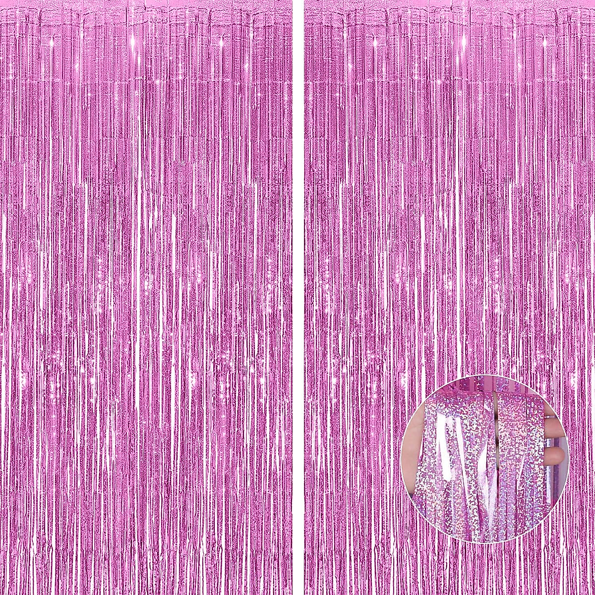 Pink Thicken Glittering Tinsel Foil Fringe Curtain Party Decorations 3.2x8.2ft - 2 Pack, Photo Backdrop for Birthday Bachelorette Bridal Shower Baby Shower Graduation Party, Party Streams Décor