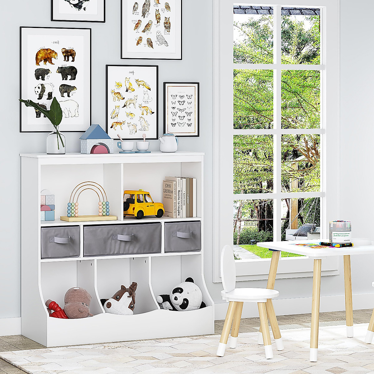 UTEX Toy Storage Organizer with Bookcase, Kids Bin Storage Unit with 8 Compartments and 3 Baskets, Toys Box, Multi Shelf Cubby for Books, Toys,White