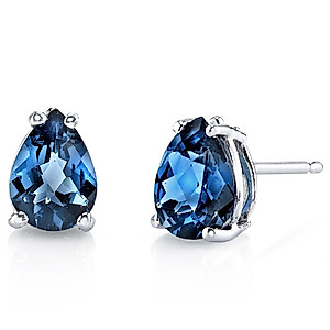 Peora 14K White Gold London Blue Topaz Earrings for Women, Natural Gemstone Solitaire Studs, 1.50 Carats Pear Shape, AAA Grade, Friction Back, December Birthstone Earrings, Gold Studs