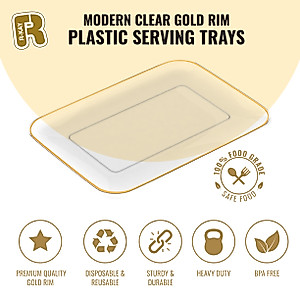 3 Pack Plastic Serving Trays for Party - Gold Serving Tray 8 by 11 Inch - Heavy Duty Dessert Trays for Food - Rectangular Party Serving Trays for Entertaining - Premium Party Trays - Clear Platters