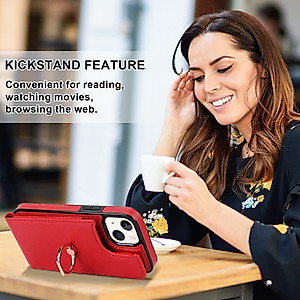 Folosu Compatible with iPhone 13 Mini Case Wallet with Card Holder, 360°Rotation Finger Ring Holder Kickstand Protective RFID Blocking PU Leather Double Buttons Flip Shockproof Cover 5.4 Inch Red