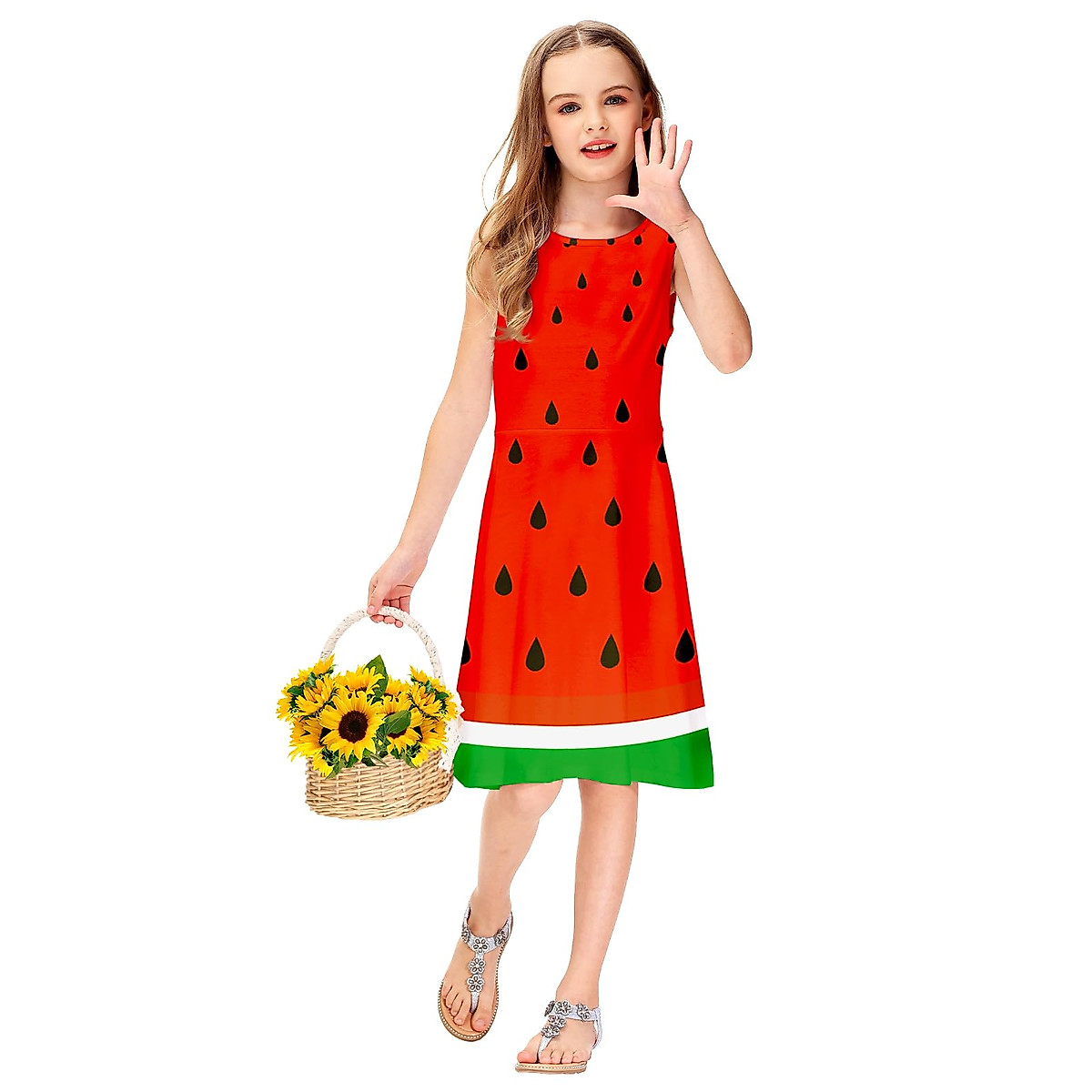 Girls Watermelon Dress Summer Sleeveless Tank Dress Fruit Printed Twirl Skater Flowy Dress 5-6 Years