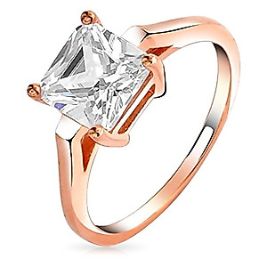 Simple Traditional 3CT Clear Cubic Zirconia Square Brilliant Princess Cut AAA CZ Solitaire Engagement Ring For Women Thin 1.5 MM Band Rose Gold Plated .925 Sterling Silver