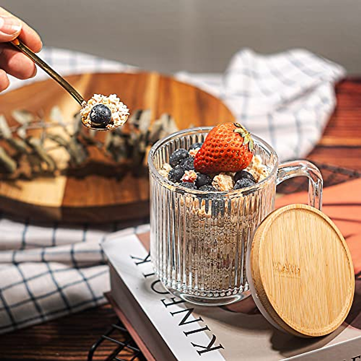 Combler Glass Coffee Mugs, Espresso Cups for Coffee Bar Accessories, Clear Coffee Mug Set of 2, 11oz Glass Coffee Cups with Lids and Spoon, Cute Ribbed Glassware Set for Latte, Cappuccino, Tea, Gift