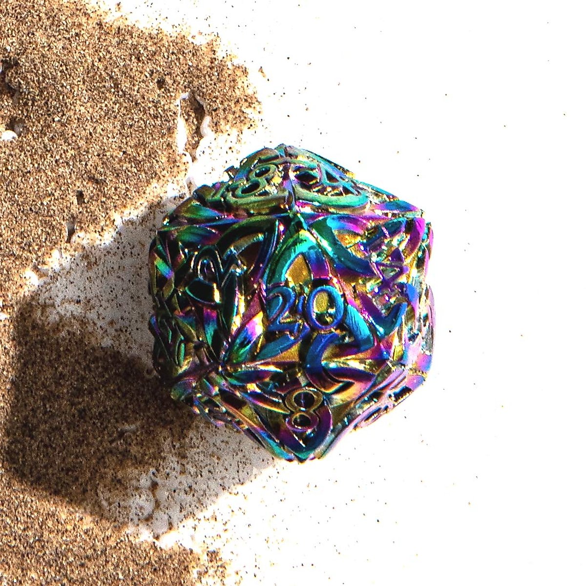 KakapopoTCG Endless Chaos Dice (Rainbow) D20 Dice with Celtic Knots Solid Metal Extra Large Extra Heavy for DND DnD5e TTRPG RPG Polyhedral Dice Bard Dice Sorcerer Wizard Dice