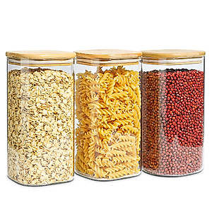 KTMAMA Airtight Glass Storage Canister with Lid (50oz), Clear Food Storage Container Jar with Sealing Bamboo Lid for Noodles Flour Cereal Rice Sugar Tea Coffee Beans, Square Set of 3