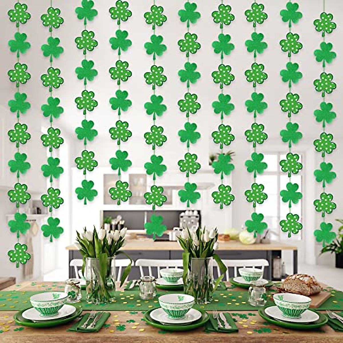 4 Pack St. Patrick's Day Garland 13ft Glitter Shamrock Hanging Garland Double Sided Green Lucky Clover Banner Spring Irish Streamer Saint Patrick's Day Decorations Hanging Ornaments Party Supplies