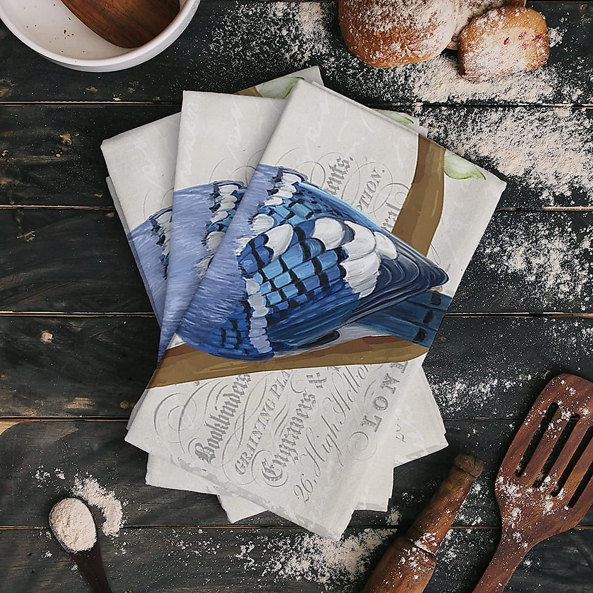 BEKYONEE Kitchen Dish Towels,3 Pack Vintage Blue Jay Birds Boho Flower and Branch Hand Towel Absorbent Dish Cloth Microfiber Terry Cloths Tea Towel for Dishes Counter/Bar Retro Letters Kraft Paper