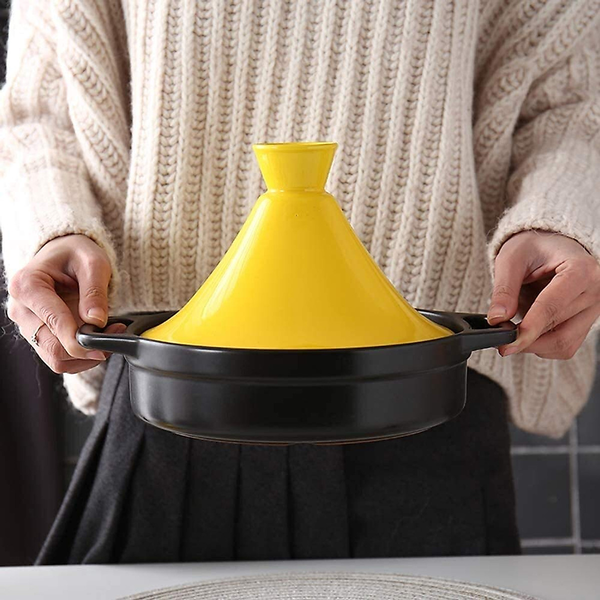 JINXIU Casserole Ceramic Tagine Pot, Tajine Cooking Pot Ceramic Pots for Cooking and Stew Casserole Slow Cooker with 2 Handle and Lid for Home Kitchen,Yellow