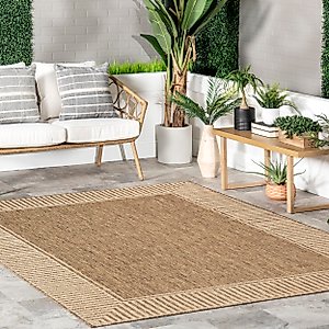 nuLOOM 8' x 10' Outdoor Area Rug, Casual Design With Striped Border, Stain Resistant, Highly Durable, For Patio, Balcony, Bedroom, Living Room, Dining Room, Bathroom, Light Brown