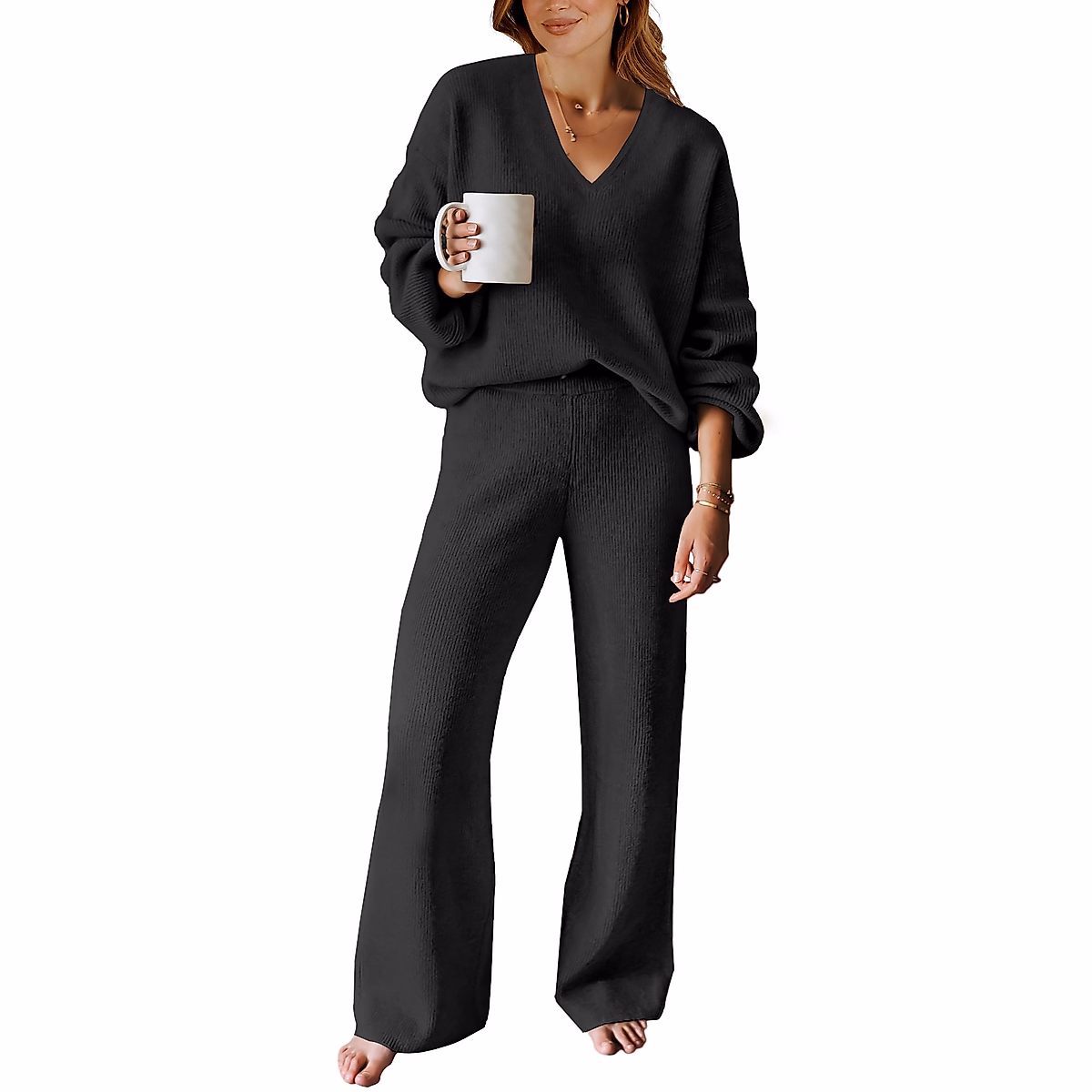 ANRABESS Women's Two Piece Outfits Sweater Sets Long Sleeve V Neck Knit Pullover and Wide Leg Pants Sweatsuit Lounge Set Black Large