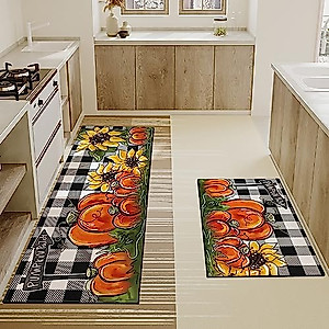 Faptoena Fall Kitchen Rugs Set of 2,Pumpkin Patch Sunflower Thanksgiving Floor Mats and Rugs Non Skid Washable for Kitchen Home Decor,Fall Farmhouse Decorations and Accessories (17"x47"+17"x30")