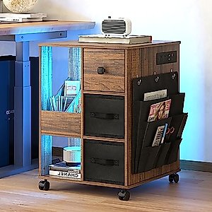 dnbss Nightstand with Charging Station, LED Nightstand with Drawers, Smart Nightstand with USB Ports, Modern Night Stand Bedside Table with Storage Shelves for Living Room, Bedroom, Brown