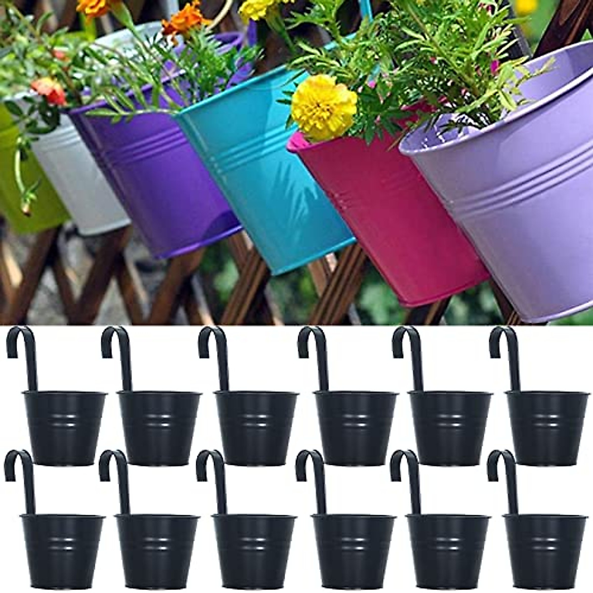 LOVOUS 6.3" x 4.7" x 5.3" Large Iron Hanging Planters Multicolor Flower Pots Balcony Garden Railing Planter, Fence Hanging Metal Bucket Plants Holders Set for Indoor and Outdoor, 12PCS, Black