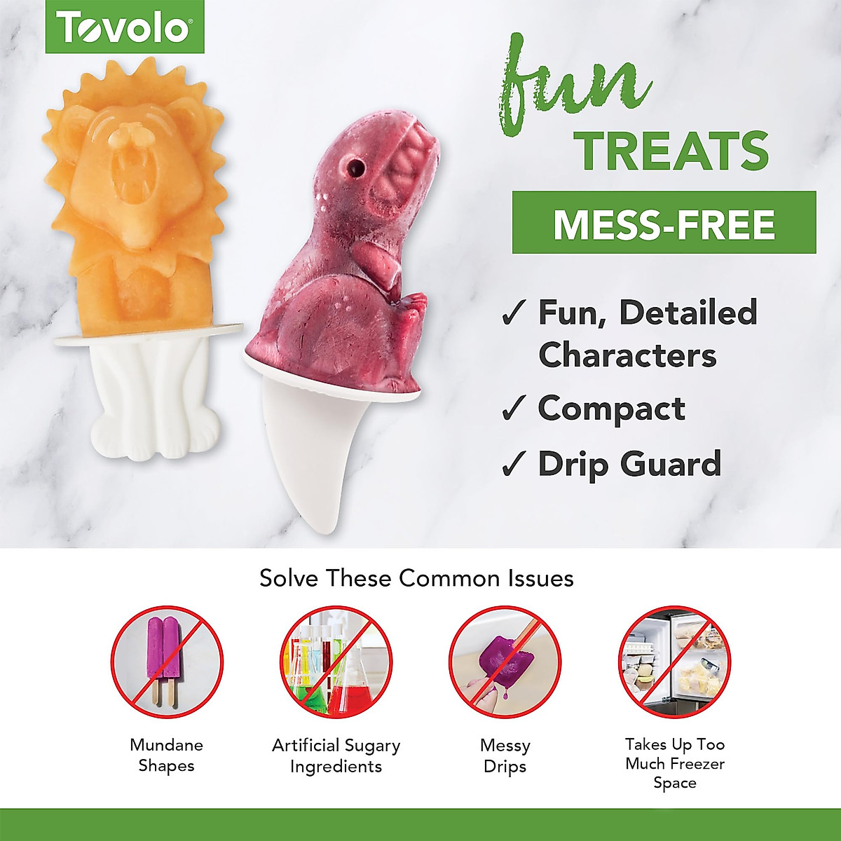 Tovolo Silicone Popsicle Molds with Sticks (Dino) - Ice Pop Molds with 4 Cavities for Homemade Flavored Ice Pops & Frozen Snacks - Popsicle Maker with Drip-Guards, Dishwasher Safe & BPA-Free