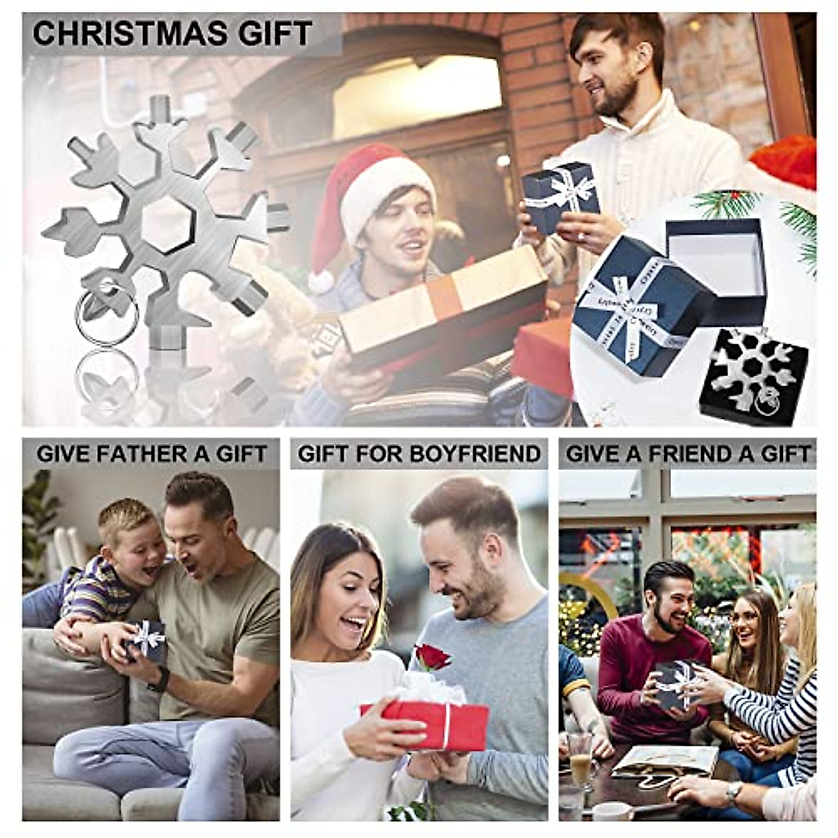 OOYCYOO 2 Pack Snowflake 18-in-1 Multi Tool, Christmas Stocking Stuffers for Men Women,Stainless Steel Snowflake Key Chain Tool Flat Phillips Screwdriver Kit,Great Christmas gift (Black,Silver)