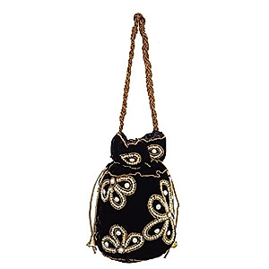 Purpledip Chenille Potli Bag (Clutch, Drawstring Purse): Intricate Bead Work Satchel Handbag, Black (12396A) 