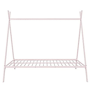 TARTOP Full Size House Bed Metal Tent Bed Frame, Floor Play House Bed Frame with Slat, Platform Bed for Kids Girls Boys, Teens No Box Spring Needed,Pink